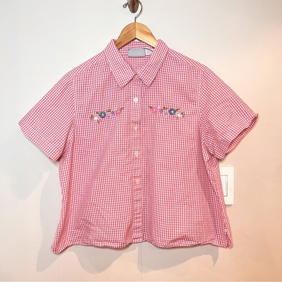 Blair | Tops | Vintage Cottagecore Pink Check Floral Embroidered Button ...